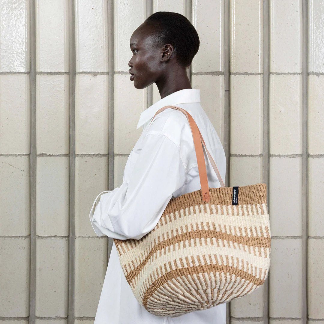Mifuko Pamba shopper basket, M, white - brown | Finnish Design Shop