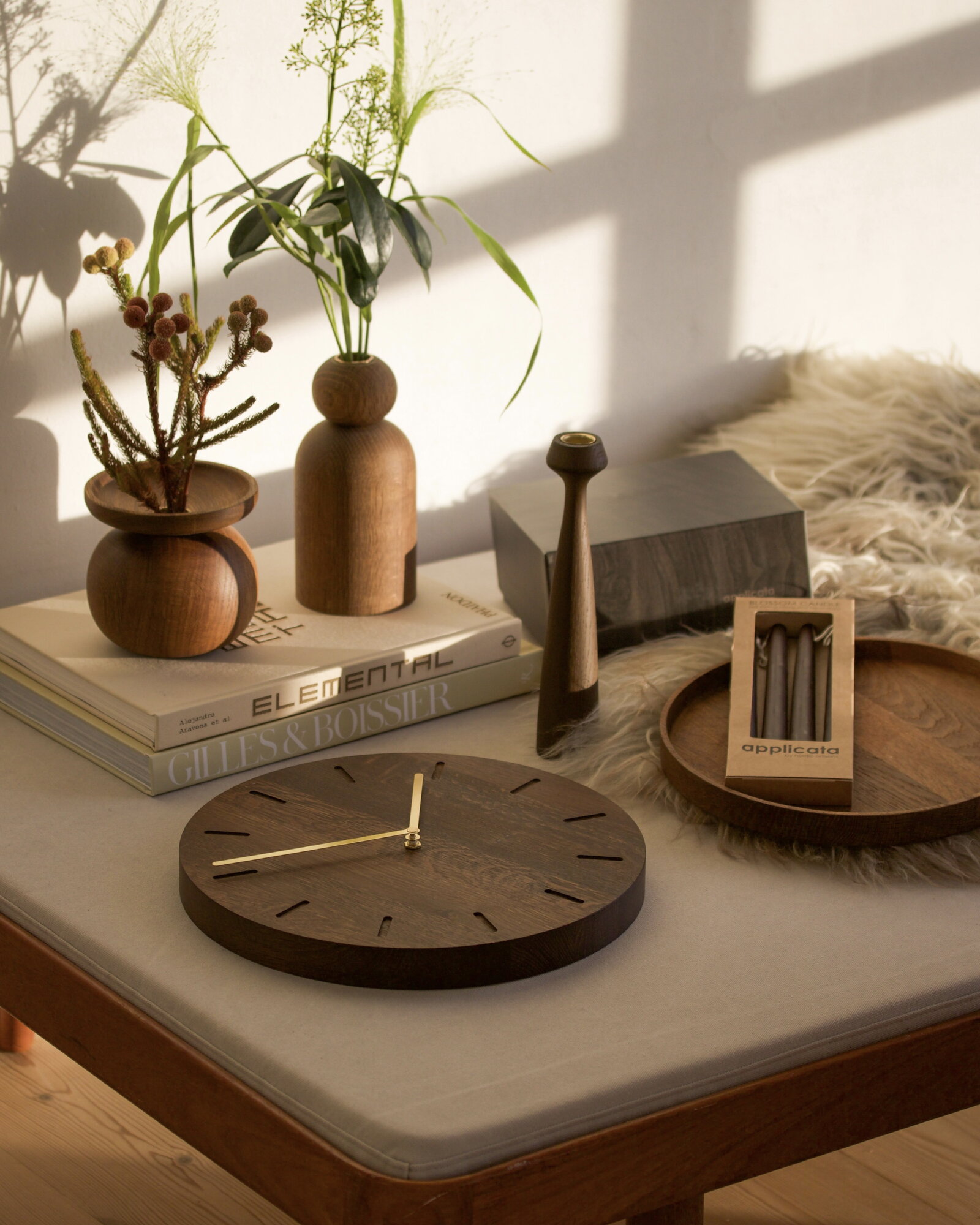 applicata Watch:Out wall clock, smoked oak - brass | Finnish Design Shop