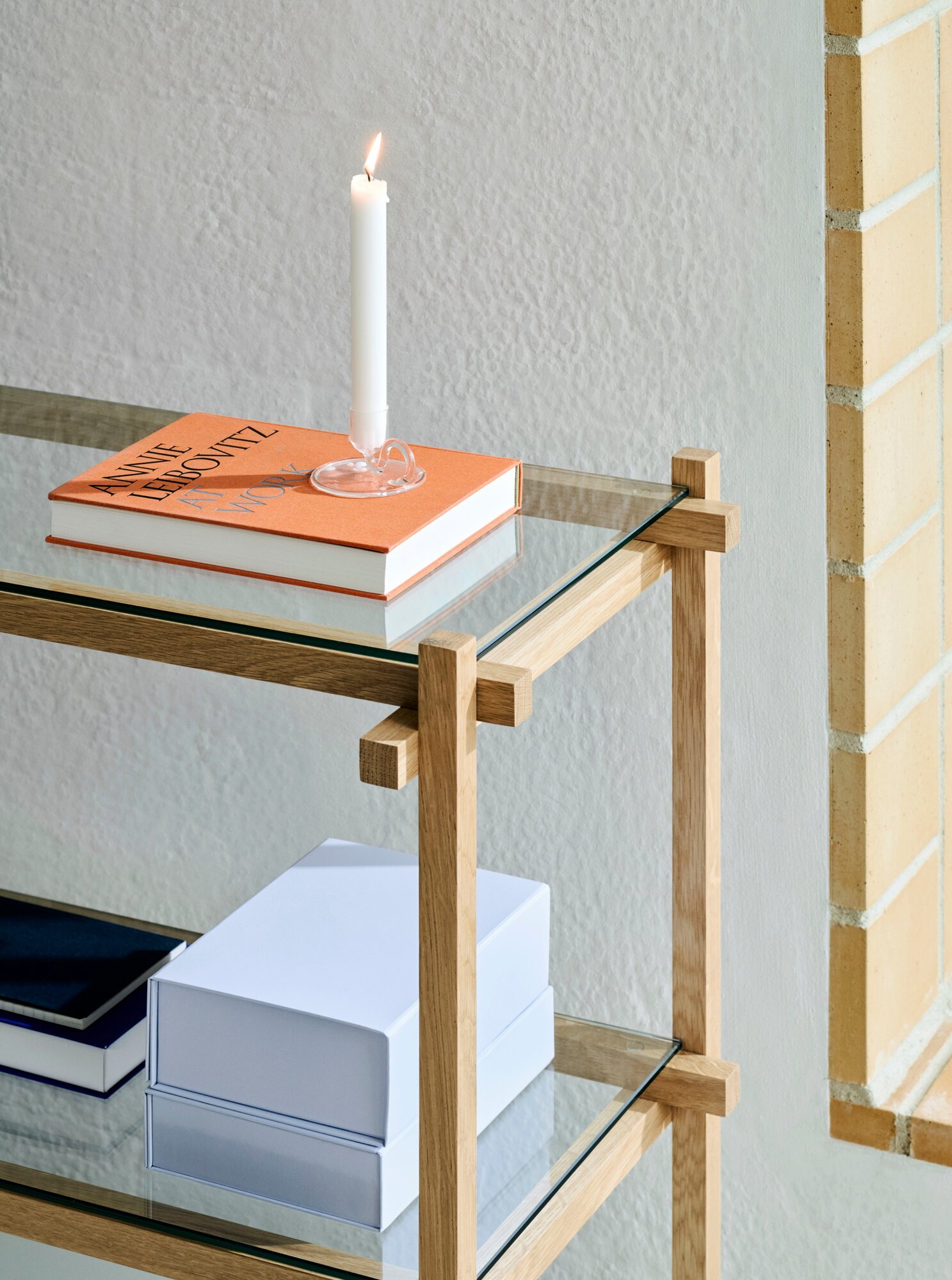 HAY Woody Column 2.0 shelf, low, soaped oak - clear glass | Finnish ...