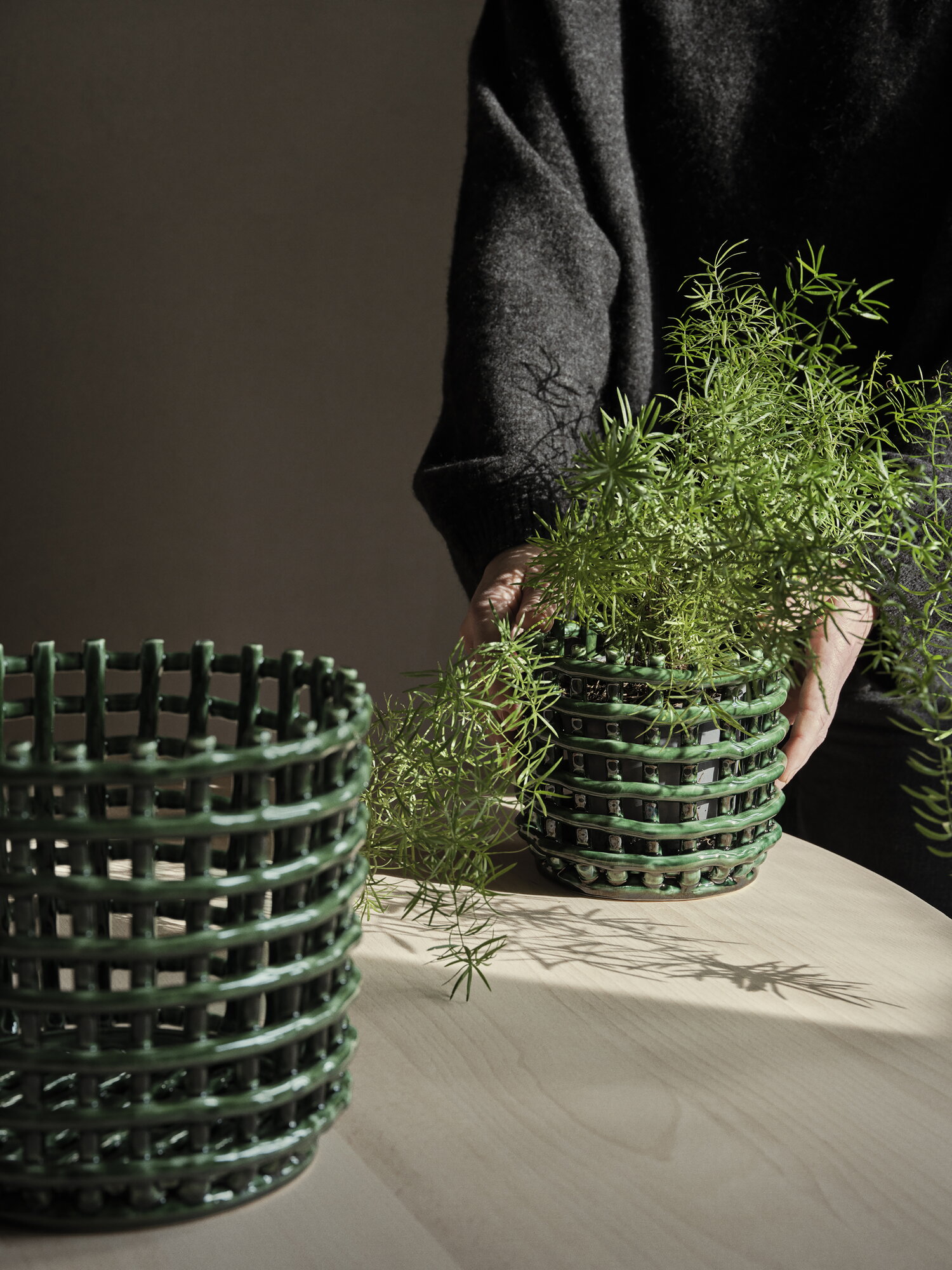 Ferm Living Ceramic basket, small, emerald green | Finnish Design Shop