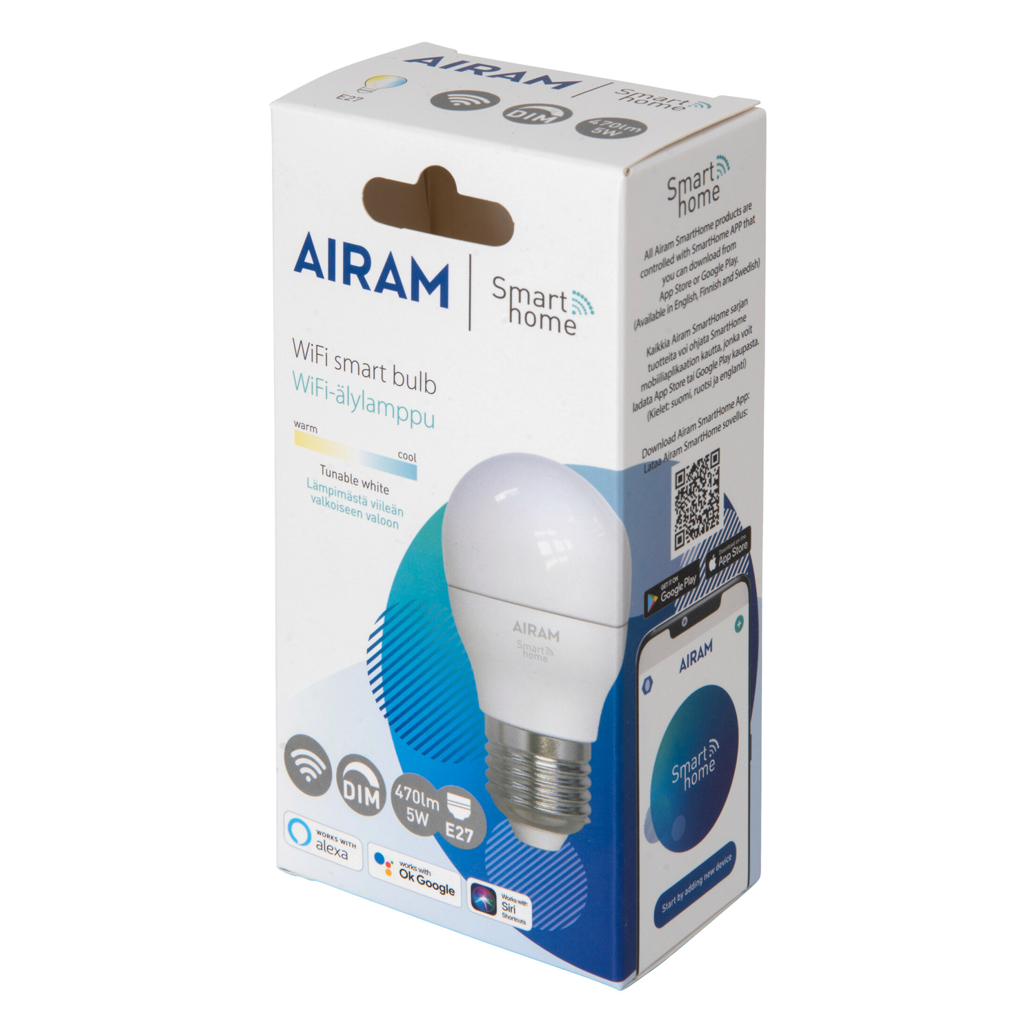 Airam SmartHome WiFi LED lamppu P45, E27 5W 470lm 2700-6500K, opaali | Finnish Design Shop