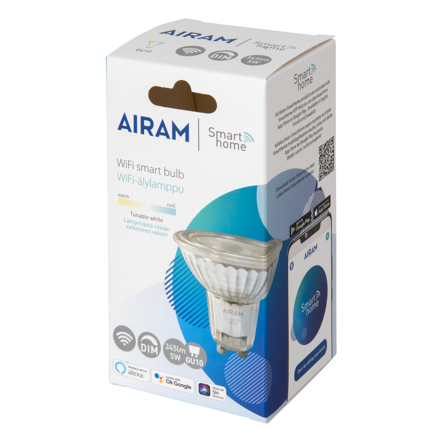 Airam Ampoule LED SmartHome WiFi PAR16 GU10 5W 345lm 2700-6500K, tran ...