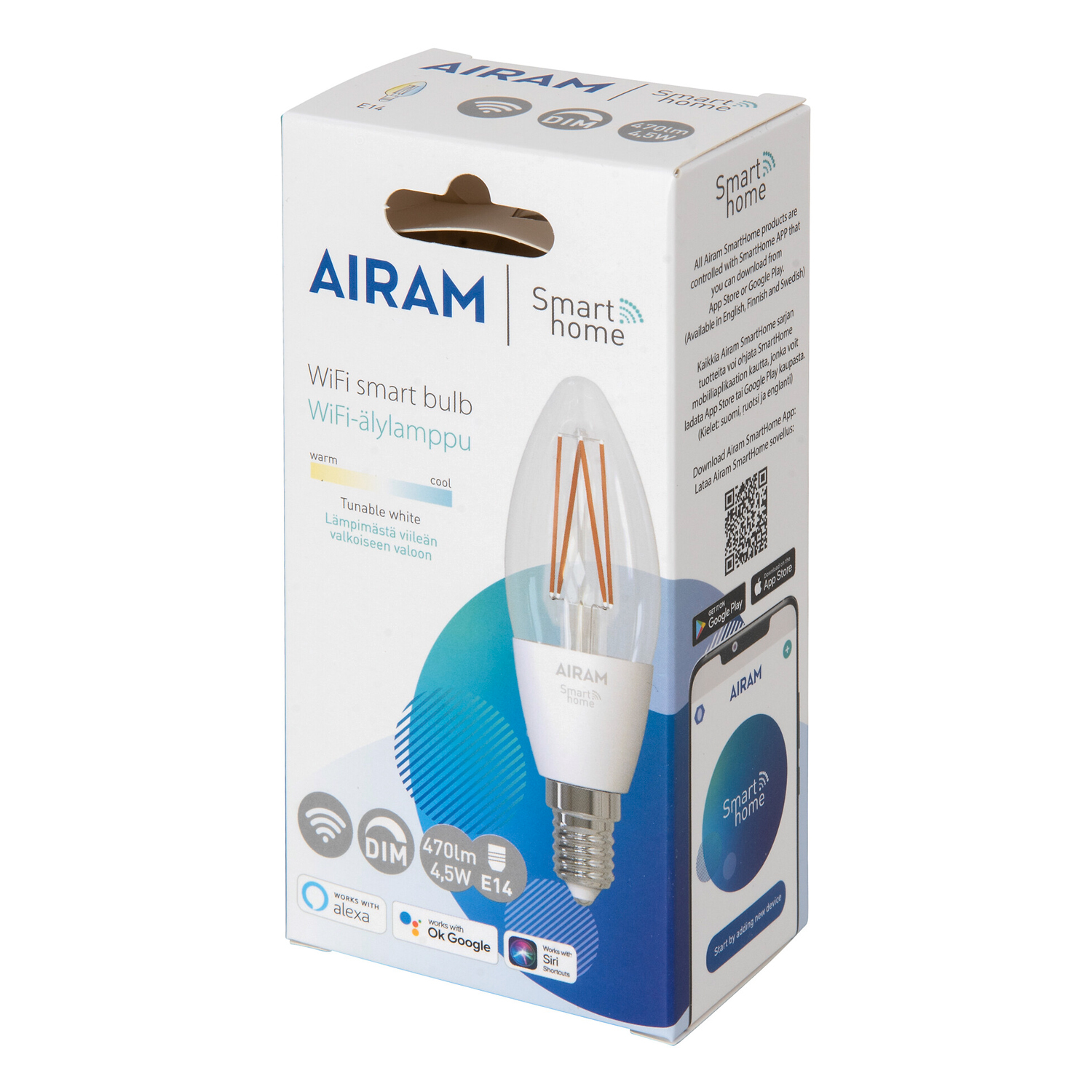 Airam SmartHome WiFi LED bulb C35, E14 4,5W 470lm 2700-6500K, clear | Finnish Design Shop