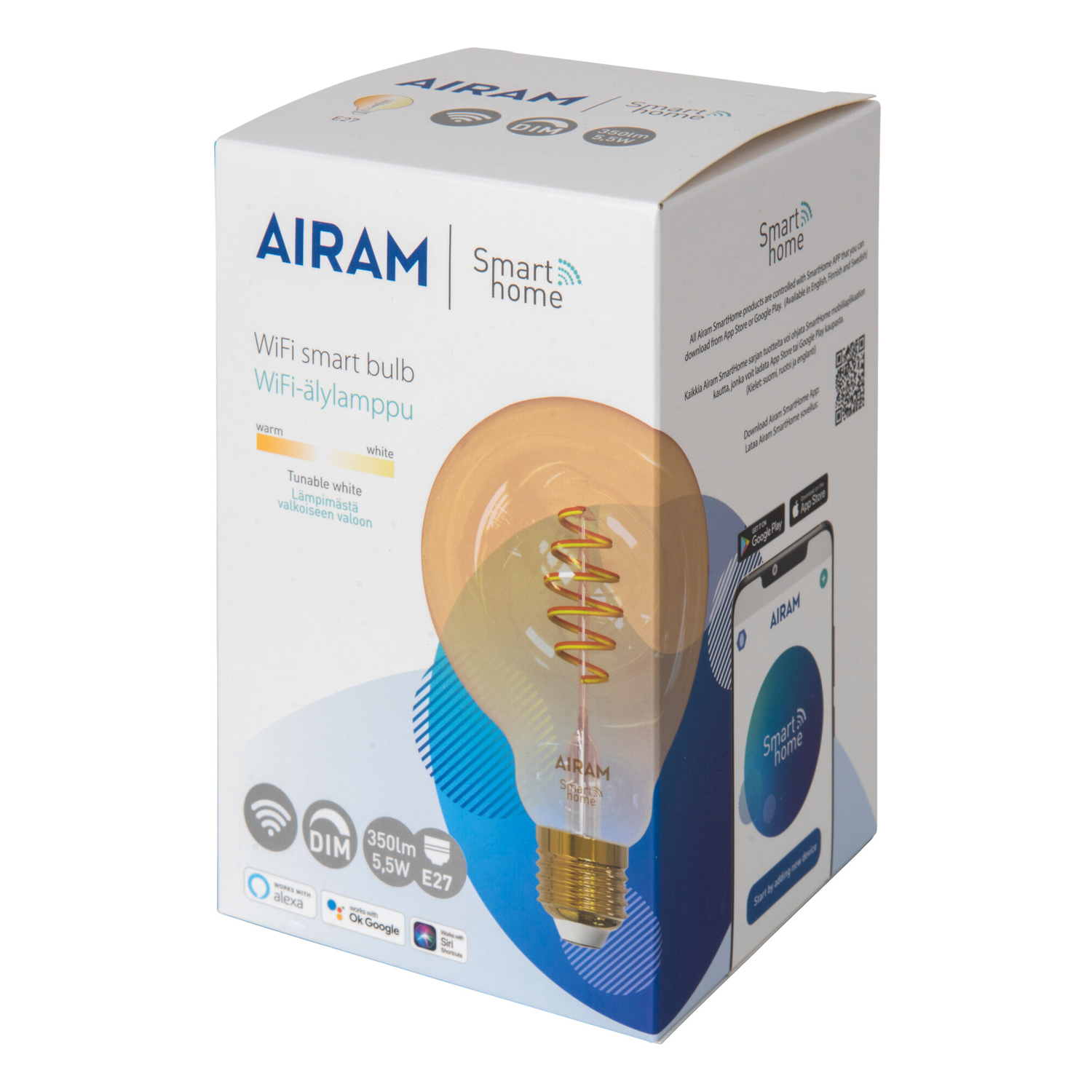 Airam SmartHome WiFi LED bulb G95, E27 5,5W 350lm 1800-3000K, amber ...
