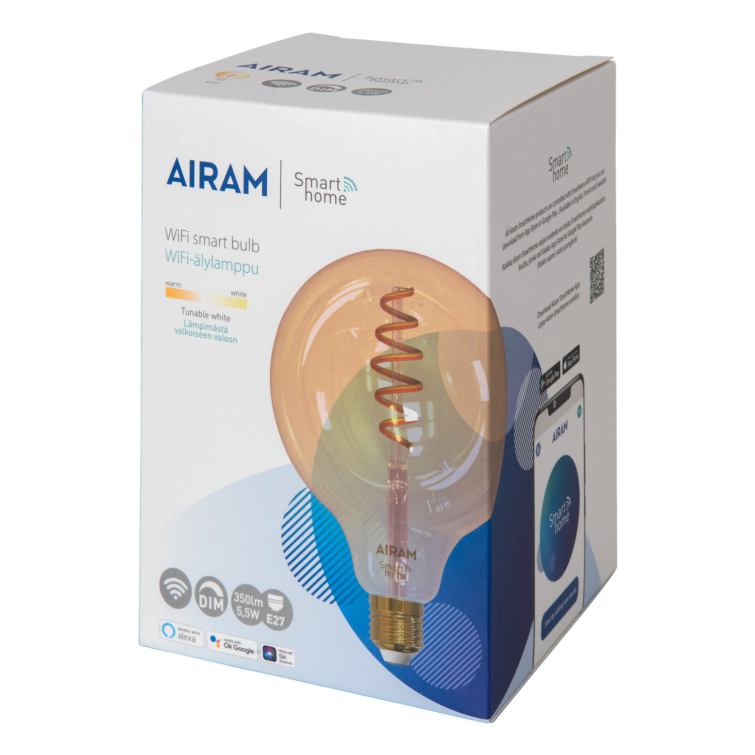 Airam SmartHome WiFi LED bulb G125, E27 5,5W 350lm 1800-3000K, amber | Finnish Design Shop