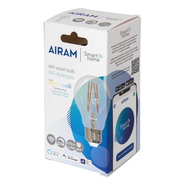 Airam SmartHome WiFi LED bulb A60, E27 4,5W 470lm 2700-6500K, clear | Finnish Design Shop