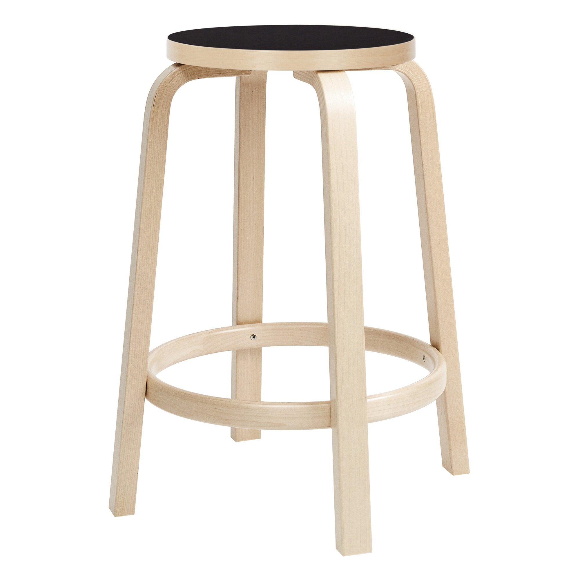 Artek Aalto bar stool 64, 65 cm, birch - black linoleum | Finnish ...