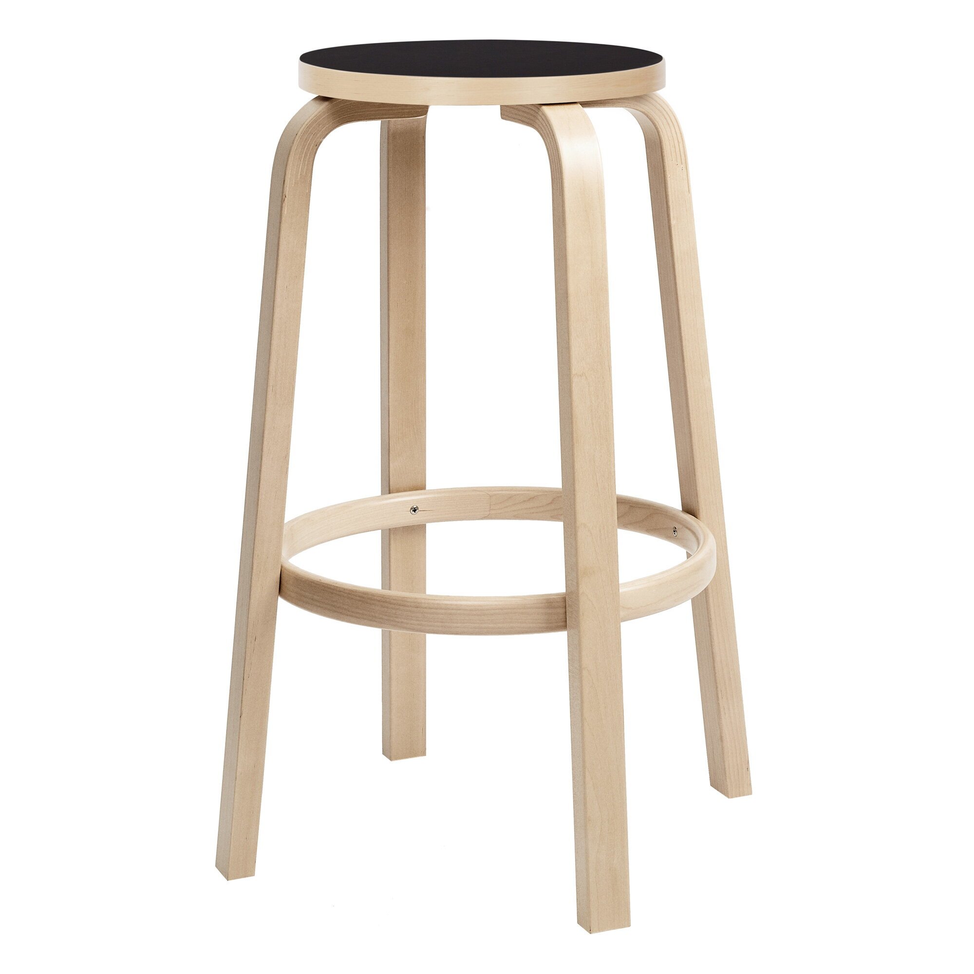 Artek Aalto bar stool 64, 75 cm, birch - black linoleum | Finnish ...