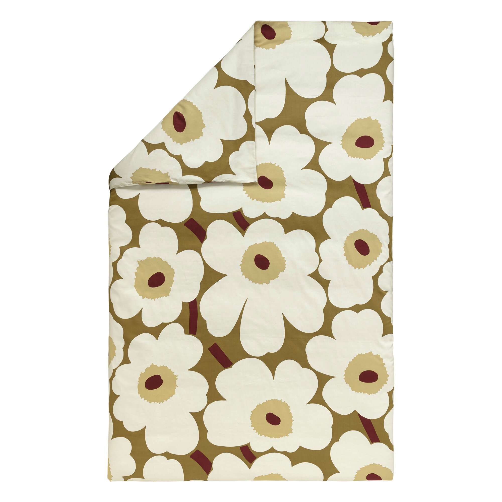 Marimekko Unikko satiinipussilakana, 150 x 210 cm, vihreä umbra-kerma | Finnish Design Shop