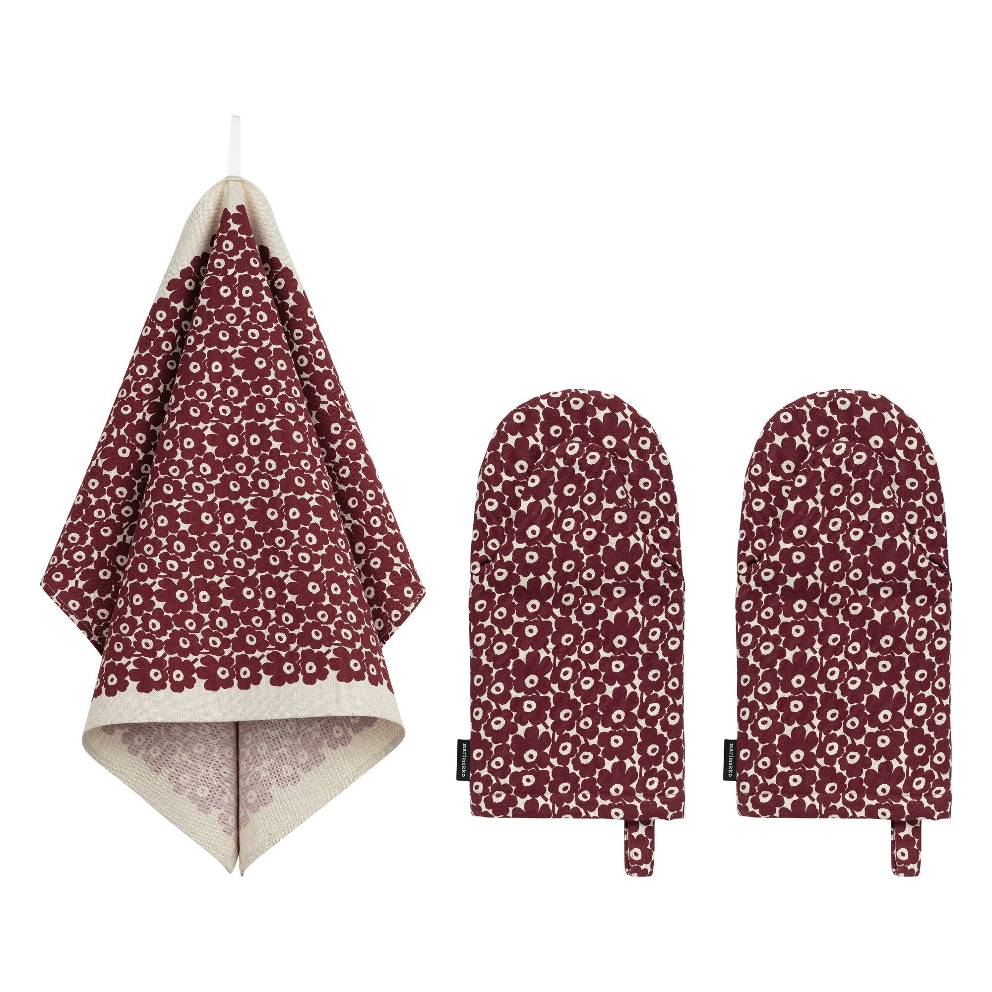 Marimekko Pikkuinen Unikko kitchen textile set, linen - burgundy ...