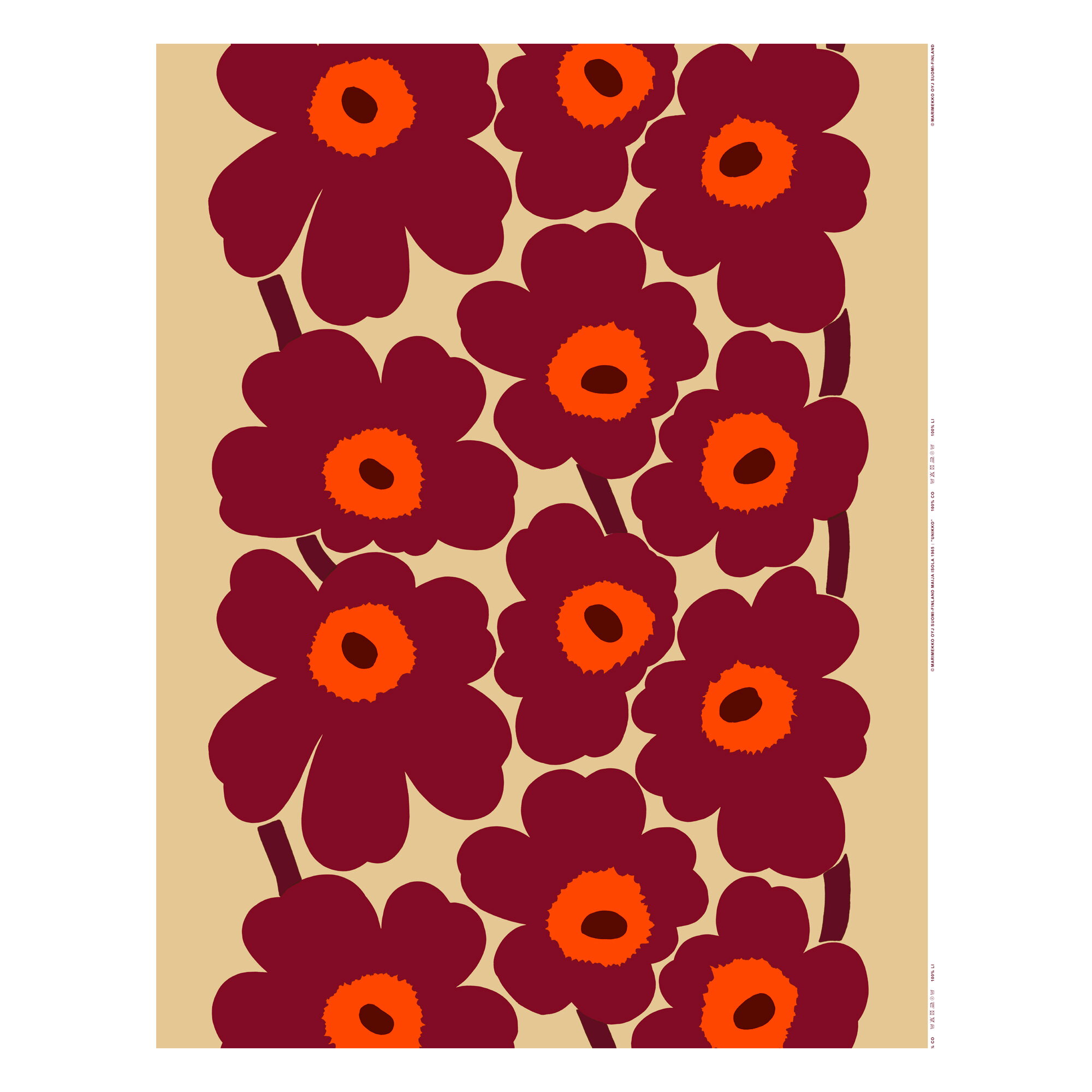 Marimekko Unikko coated cotton fabric, vanilla - burgundy - red ...